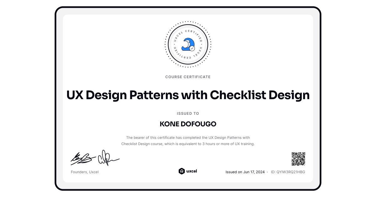 Certificate of completion for UX Design Patterns with Checklist Design | Uxcel